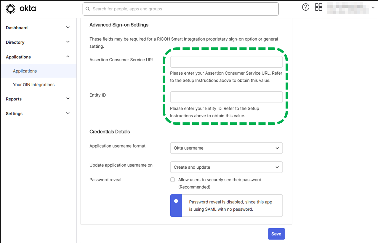Configuring Single Sign-On Settings at Okta